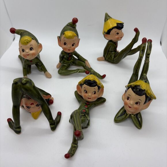 Other | Vintage 195 Christmas Ceramic Pixie Elf 6 Figurines Japan ...